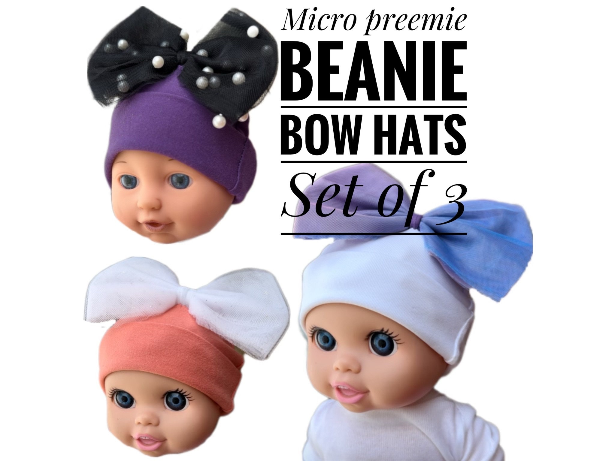 Micro Preemie Beanie Bow Hats, Set of 3, NICU Care Package, NICU Baby ...