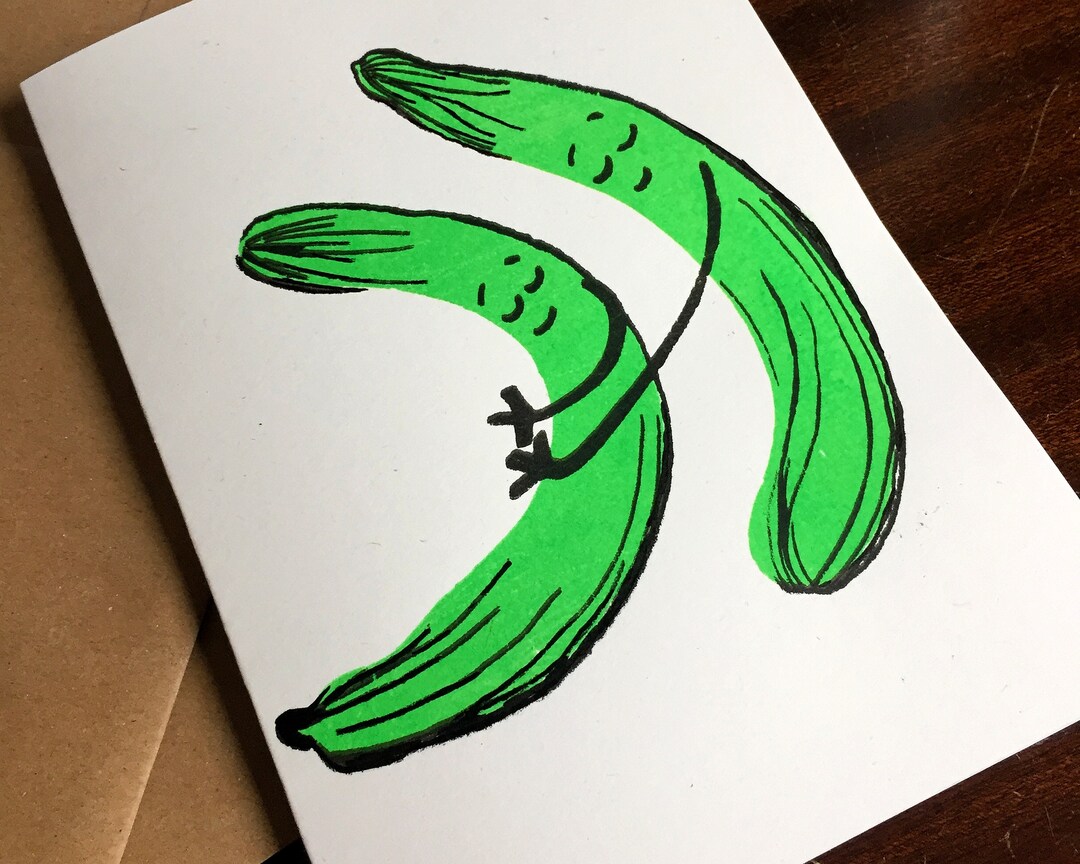 Hand Screen Printed Card, Cartoon Wonky Cucumbers Snuggling Greeting ...