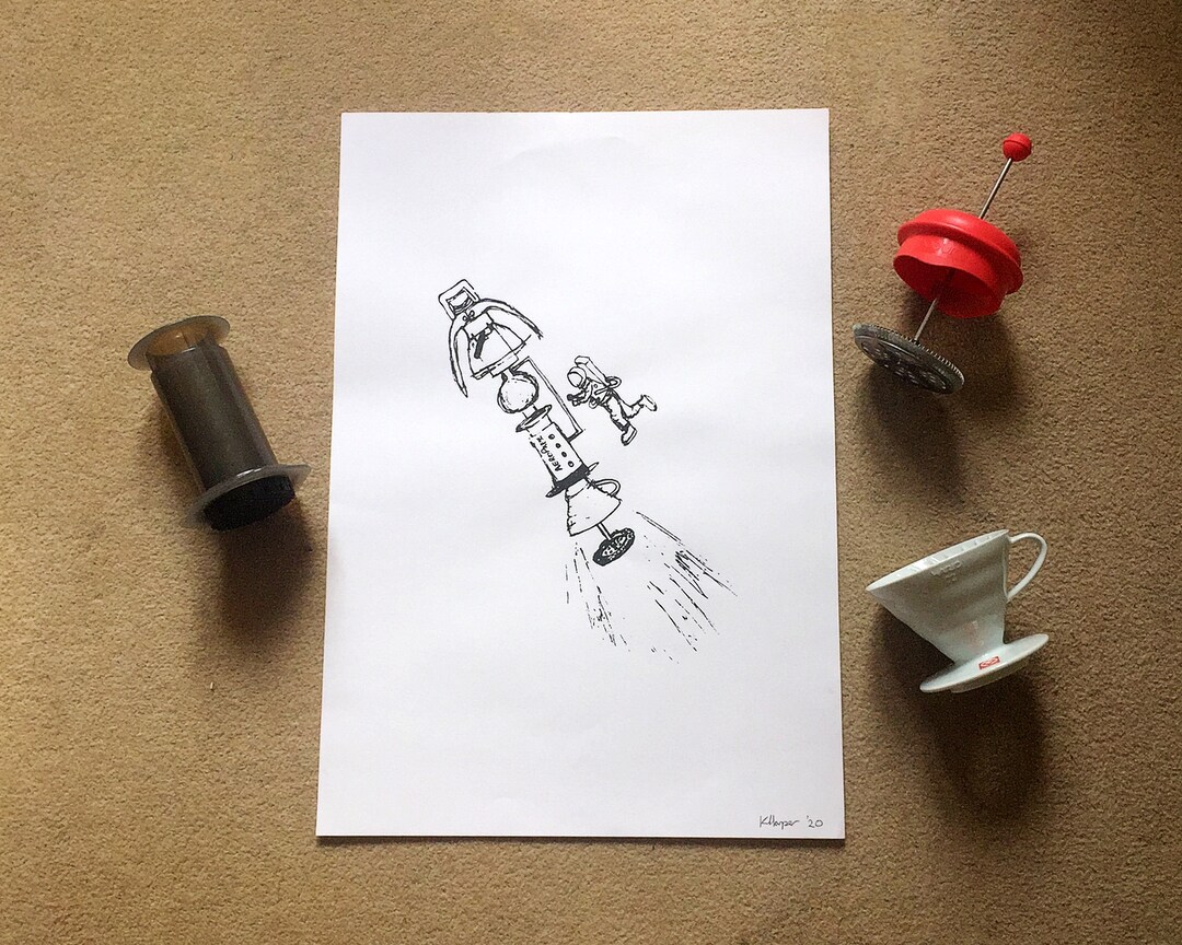 Coffee Rocket and Spaceman, Original A2 Screen Print, Gift for Coffee ...
