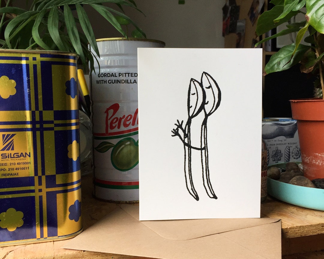 Hand Screen Printed Card, Cartoon Spoons Snuggling Greeting Card ...