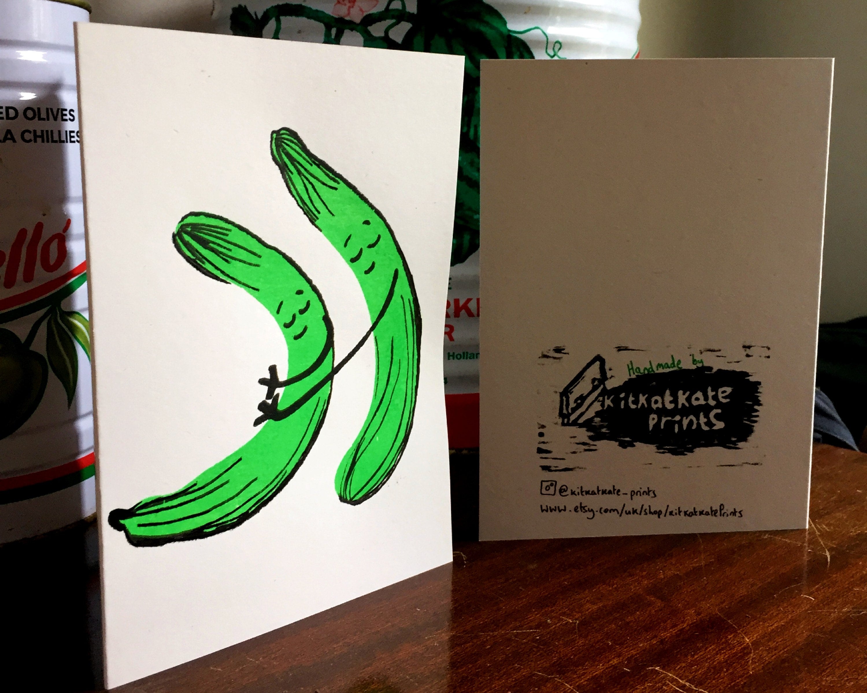 Hand Screen Printed Card, Cartoon Wonky Cucumbers Snuggling Greeting ...