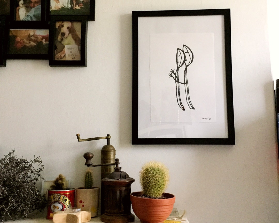 Handmade Cute Cartoon Spoons Snuggling A4 Original Screen Print ...