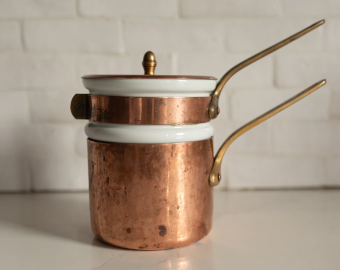 Vintage French Copper and Porcelain Double Boiler - Au Bain-marie With ...