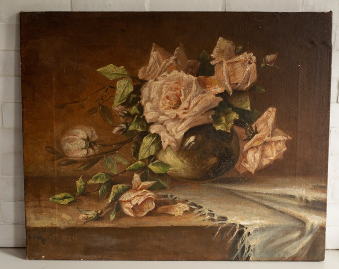 19th Century Antique Shabby Floral / Pink Roses in Vase Still Life Oil ...