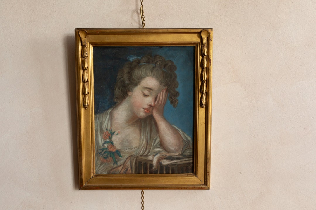 19th Century Antique Pastel Painting Mourning Girl With Dead Bird ...