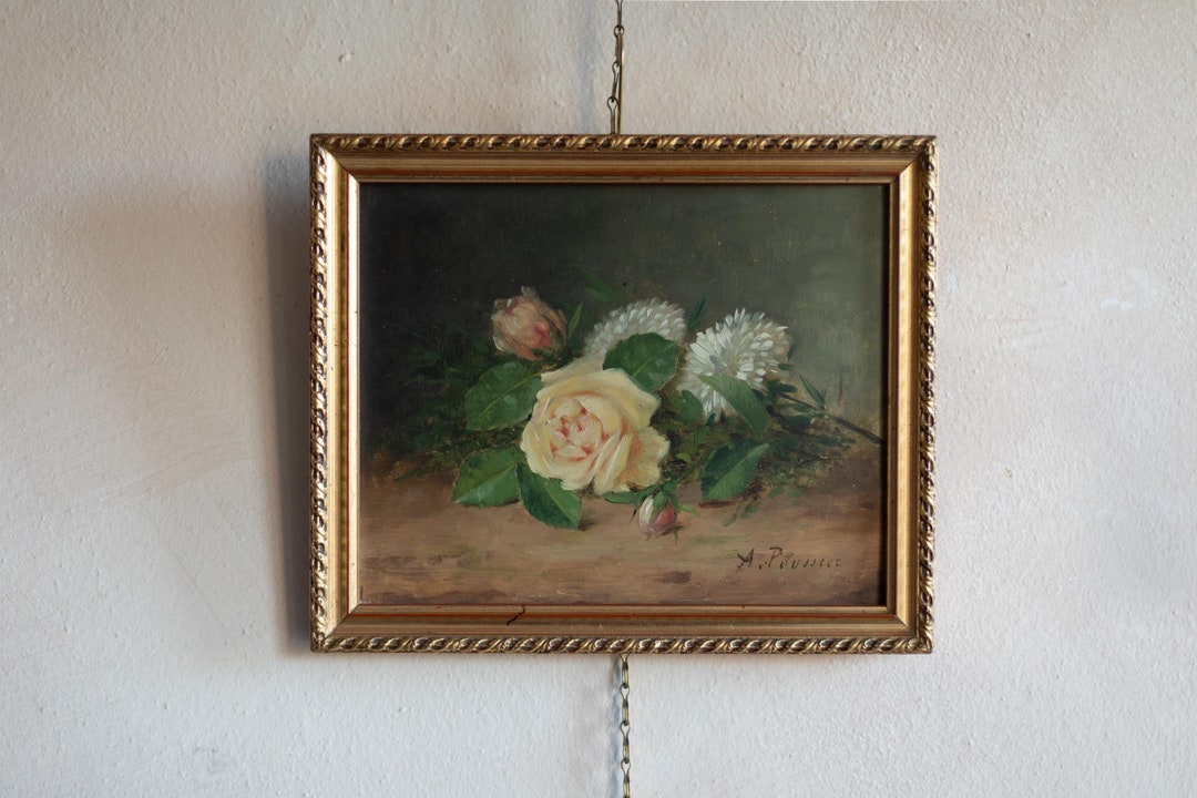 Small Vintage Roses Painting in Gold Frame Antique Oil Painting on ...