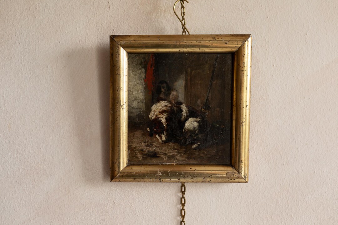 Antique French Dog Portrait Small Antique Oil Painting Signed V.B ...
