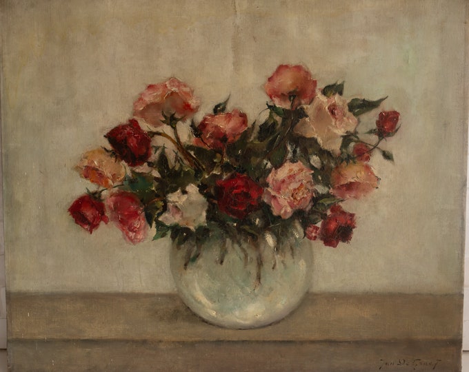 1930s - Vintage Belgian Floral Pink Roses Oil Painting on Canvas by Jan ...