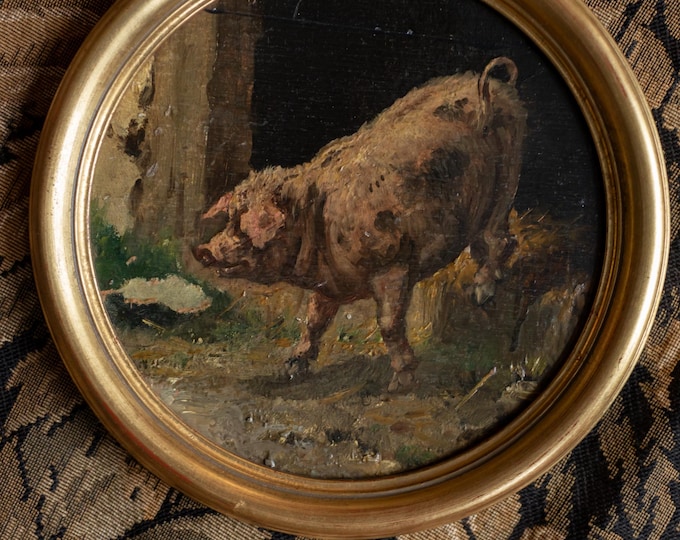 Antique Pig Oil Painting, Animal Painting Pig at Farm Antique Oil ...