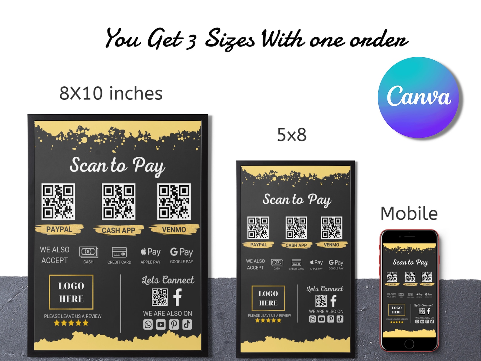 Gold Editable QR Payment Sign Template Printable Scan to Pay - Etsy