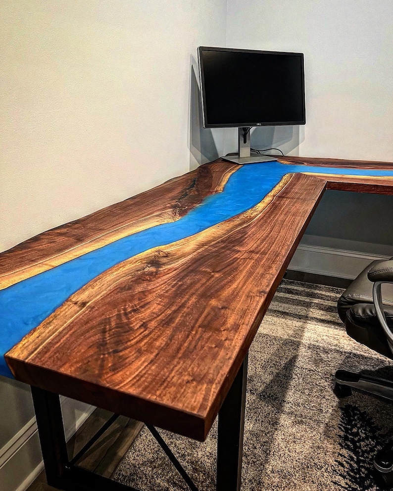 Live Edge Black Walnut Epoxy River Desk - Handmade "l" Shape Office ...