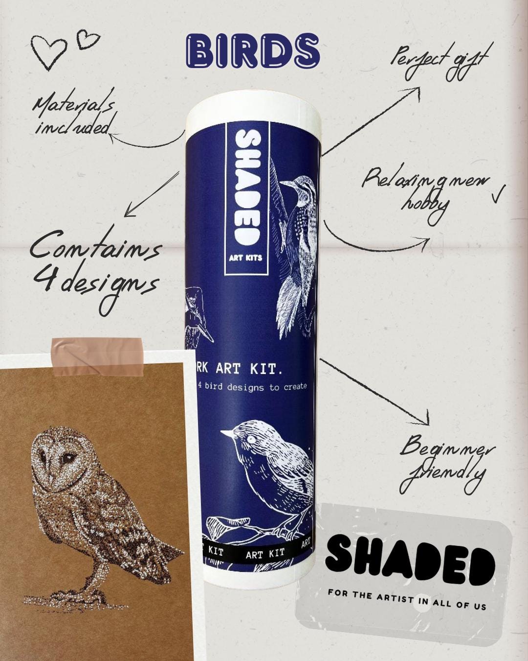 SHADED Birds Art Pointillism DIY Art Kit (set of 4) - Gift for Artists ...
