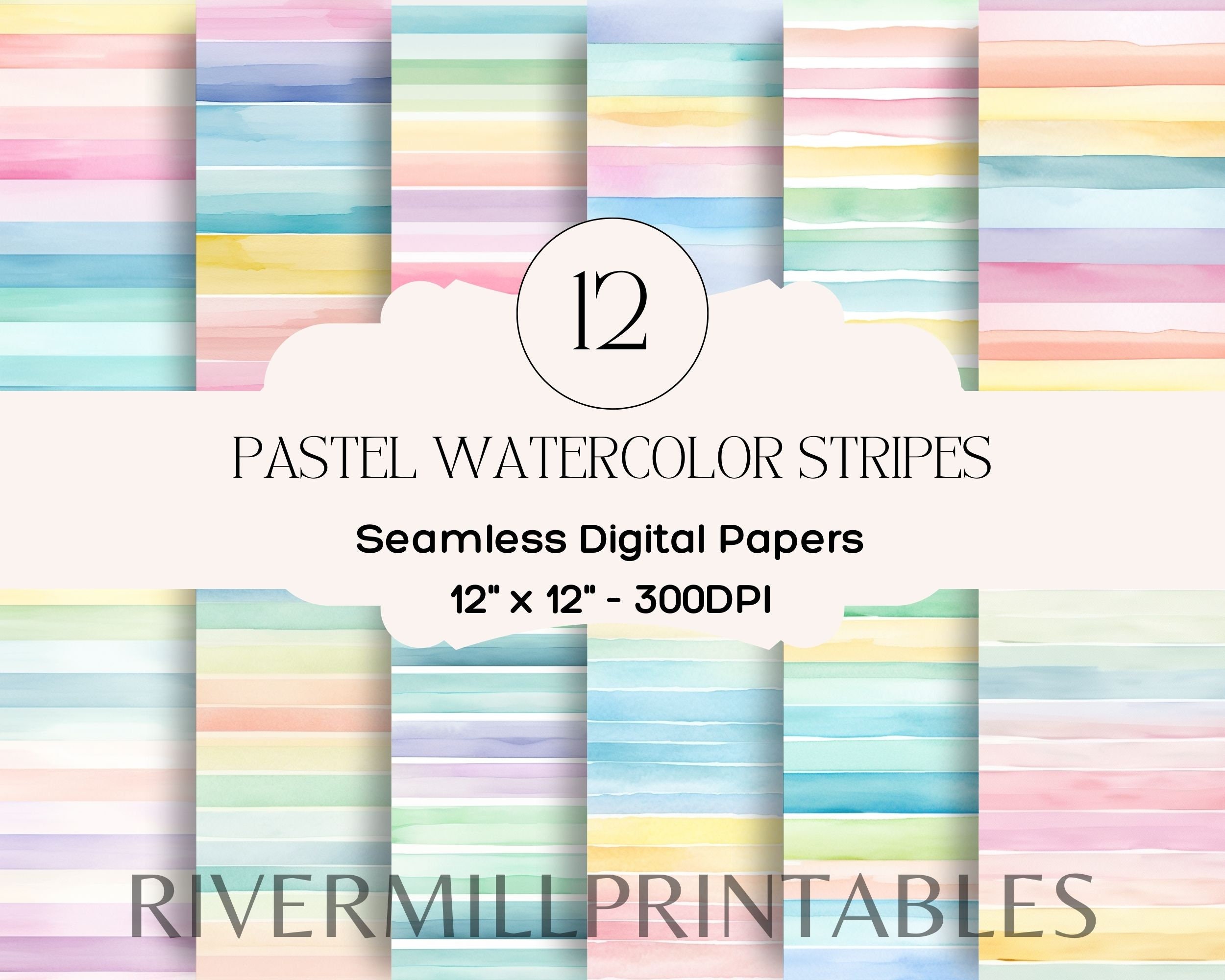 12 Seamless Pastel Watercolor Stripes Digital Papers, 300DPI JPG Files ...