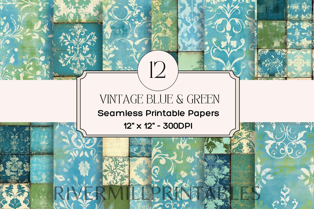 12 Seamless Aged Vintage Blue & Green Digital Papers, 300DPI JPG Files ...