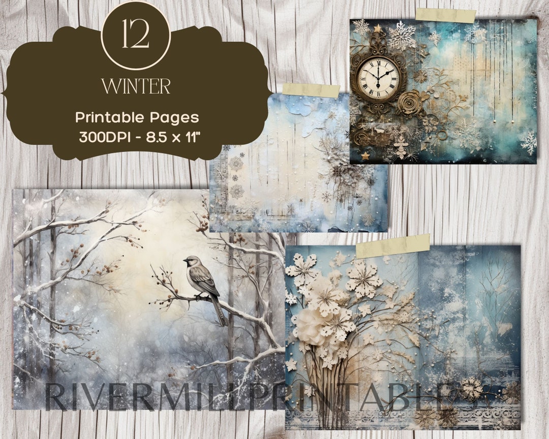 12 Winter Themed Printable Pages, 300DPI JPG Files Junk Journal Digital ...