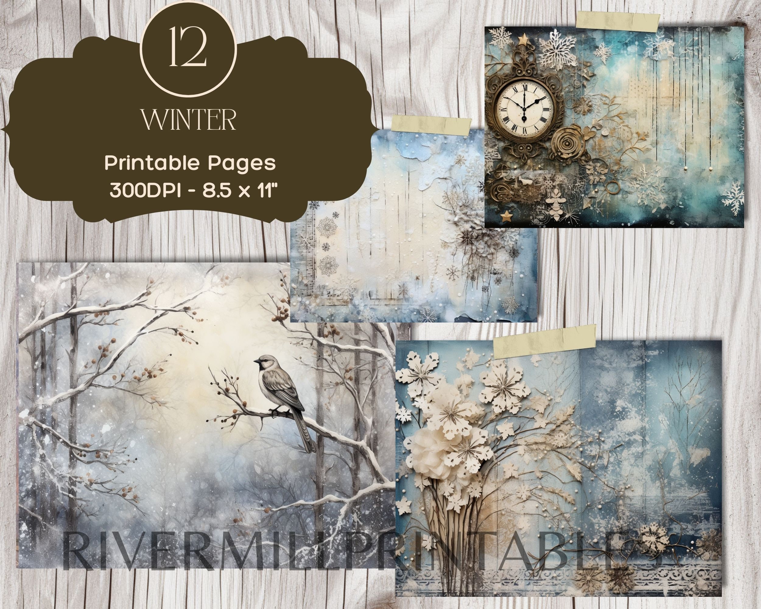 12 Winter Themed Printable Pages, 300DPI JPG Files Junk Journal Digital ...