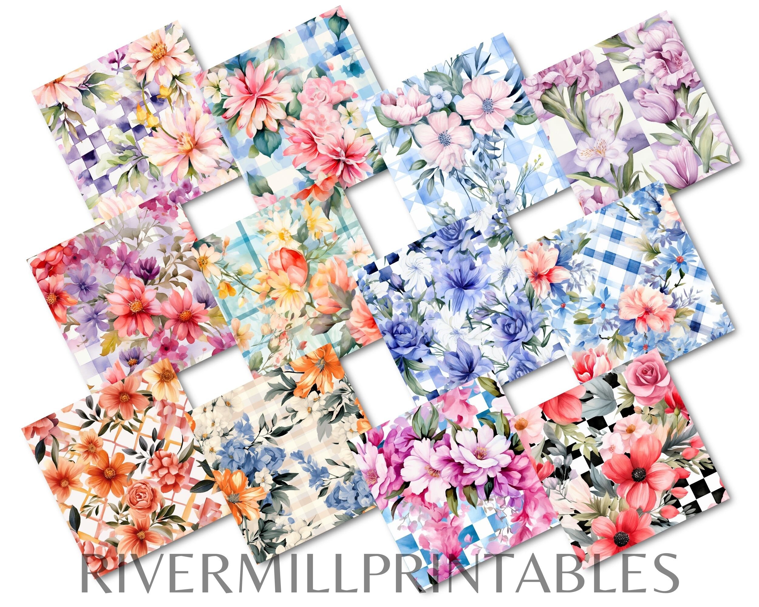 12 Seamless Flowers on Gingham Digital Papers, 300DPI JPG Files Digital ...