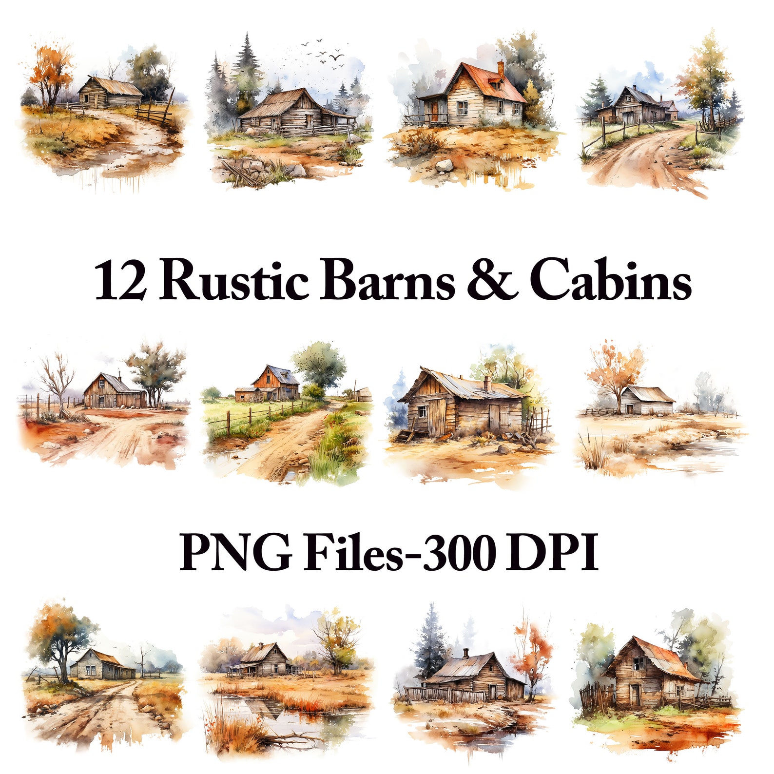 12 Rustic Watercolor Cabins & Barns Clipart, High Quality PNG Files ...