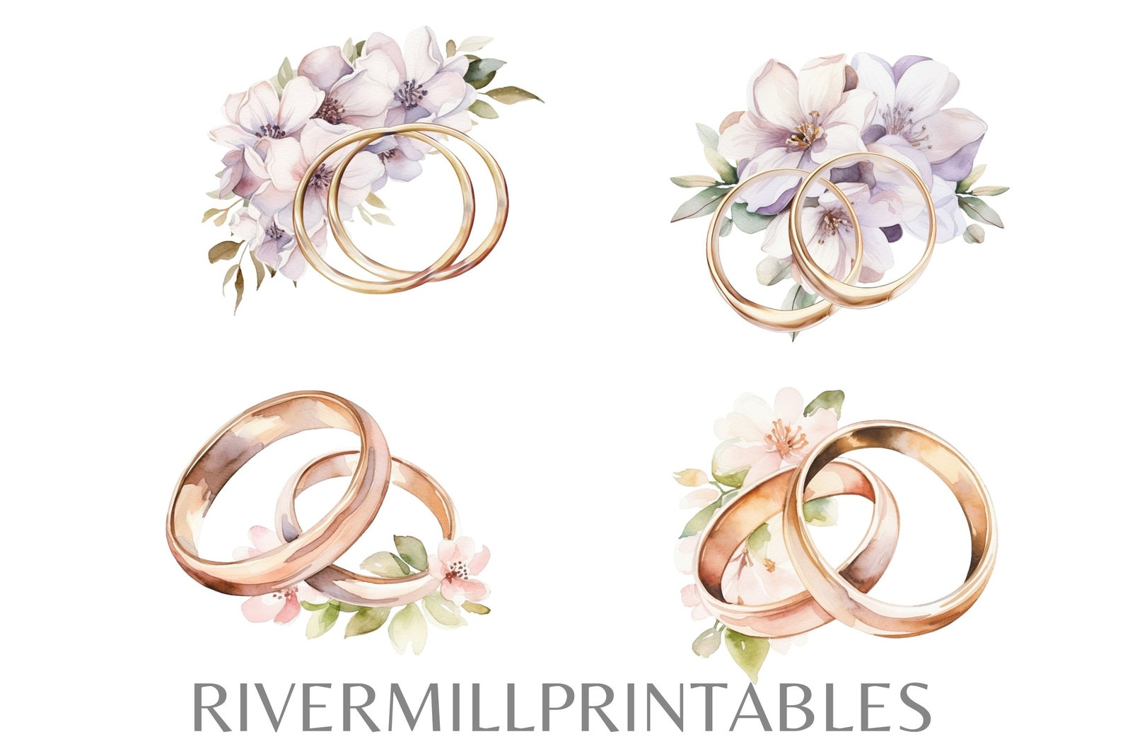 12 Wedding Bands With Flowers Clipart Images, 300DPI PNG Files, Digital ...
