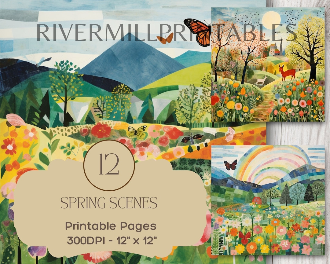 12 Colorful Spring Scenes Printable Papers, 300DPI JPG Files Digital ...