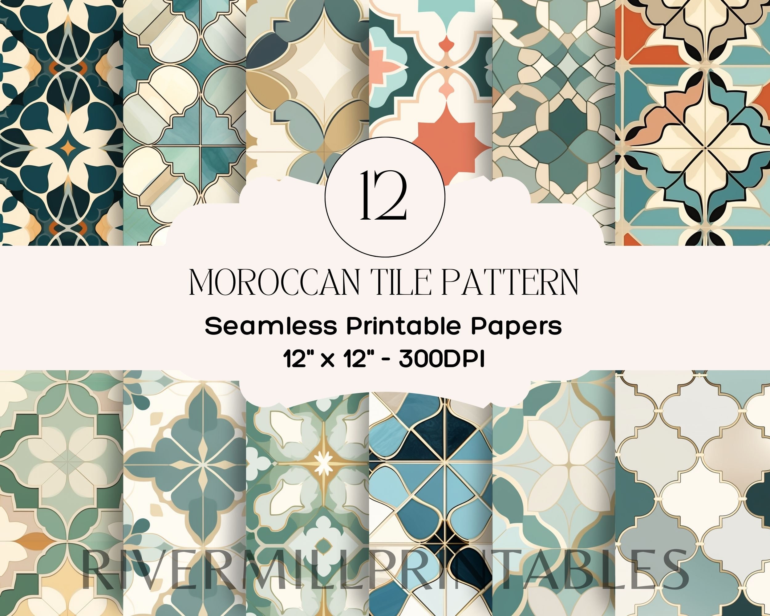 12 Seamless Moroccan Tile Pattern Digital Papers, 300DPI JPG Files ...