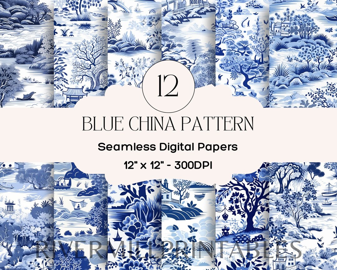 12 Seamless Blue China Pattern Digital Papers, 300DPI JPG Files Digital ...
