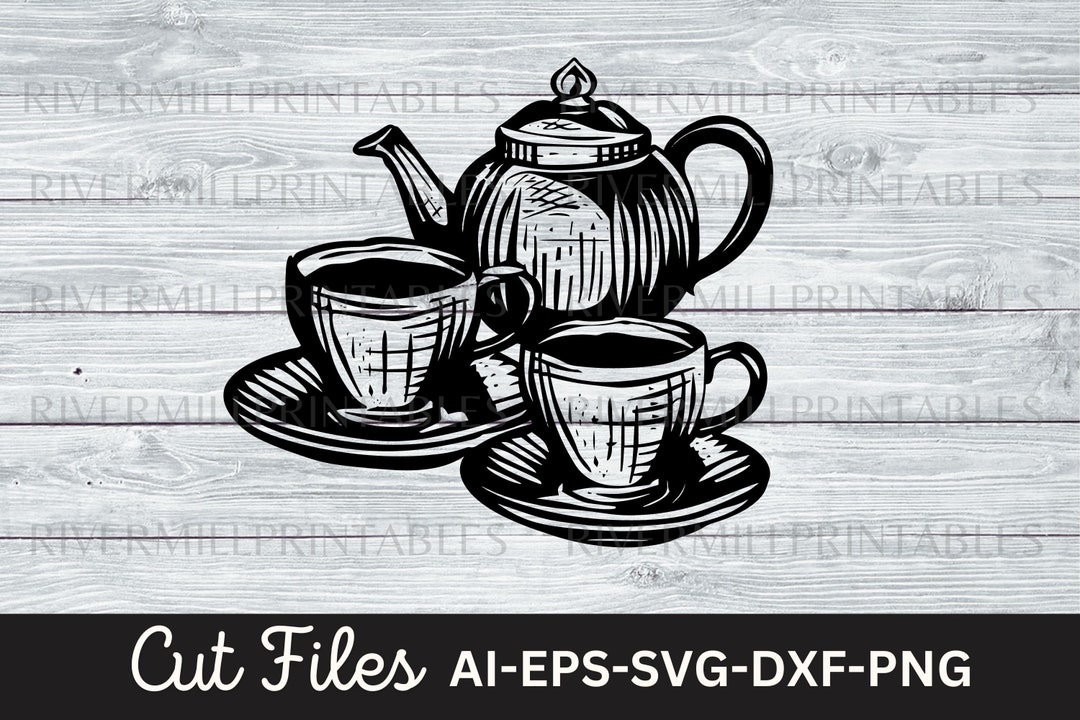 Tea Pot & Tea Cups Set SVG EPS Cut File PNG Laser Etching Engraving ...