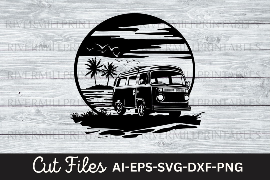 Vintage Surfer Van on the Beach SVG EPS Cut File PNG Printable Stencil ...