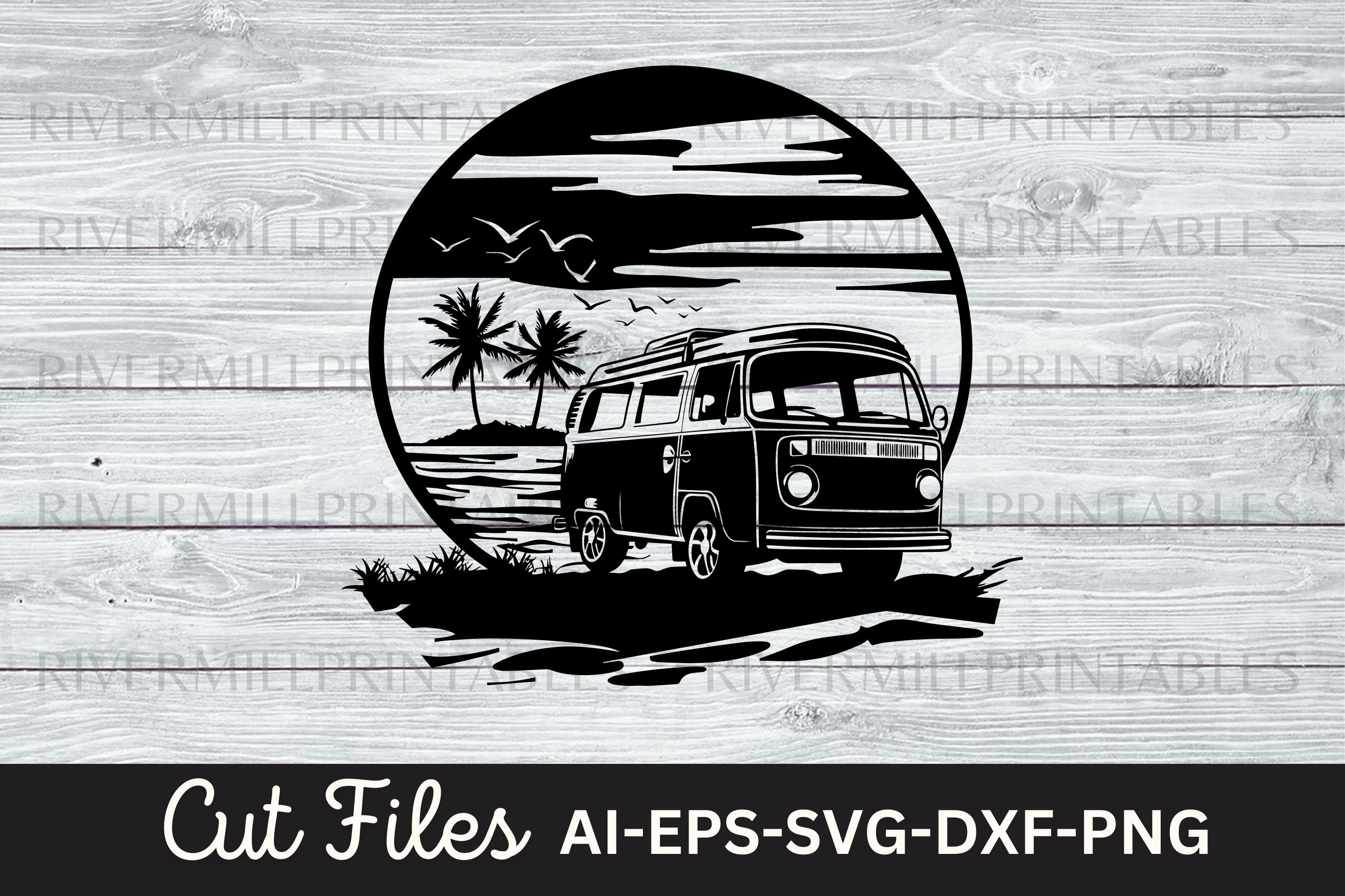 Vintage Surfer Van on the Beach SVG EPS Cut File PNG Printable Stencil ...