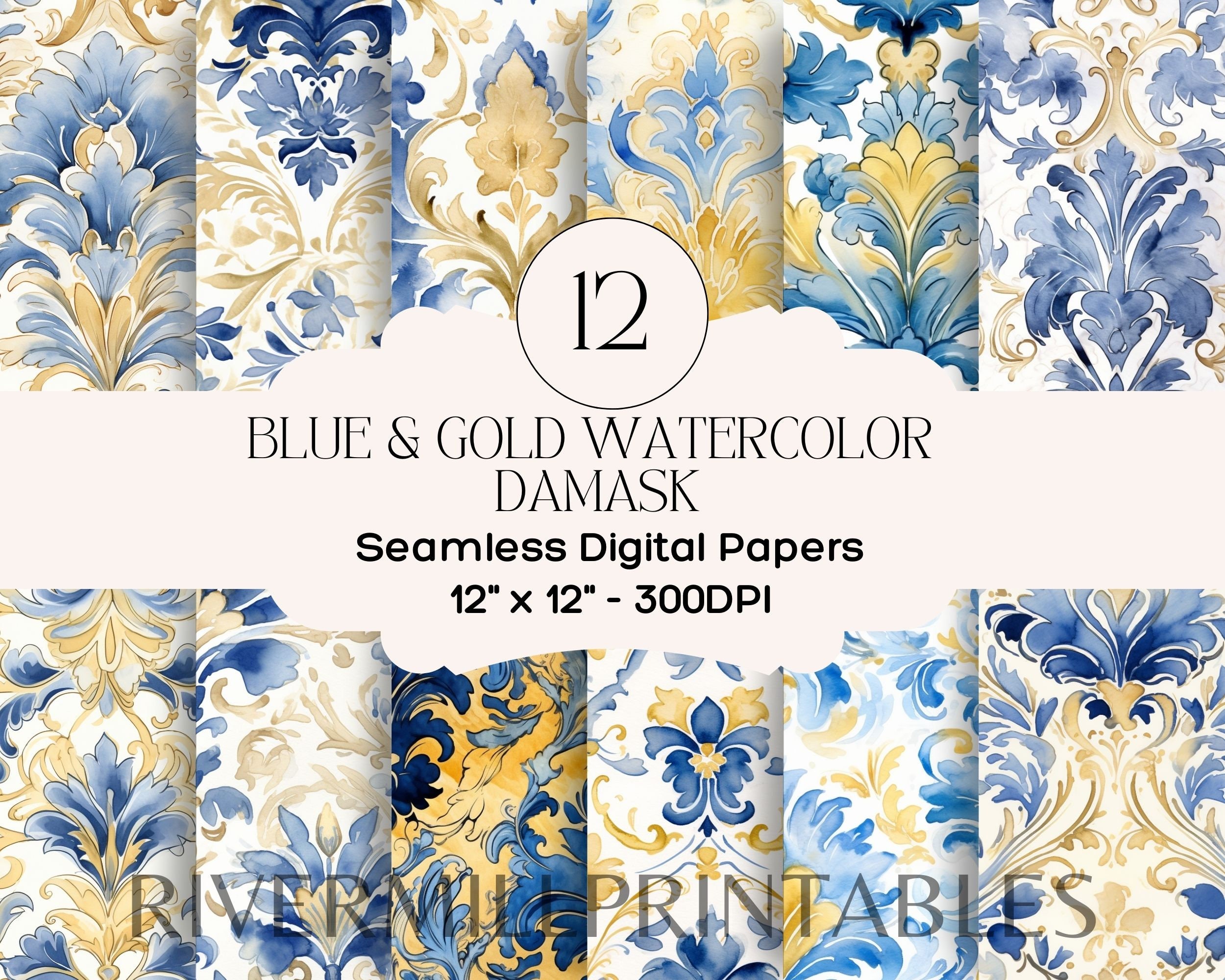 12 Seamless Blue & Gold Watercolor Damask Digital Papers, 300DPI JPG ...