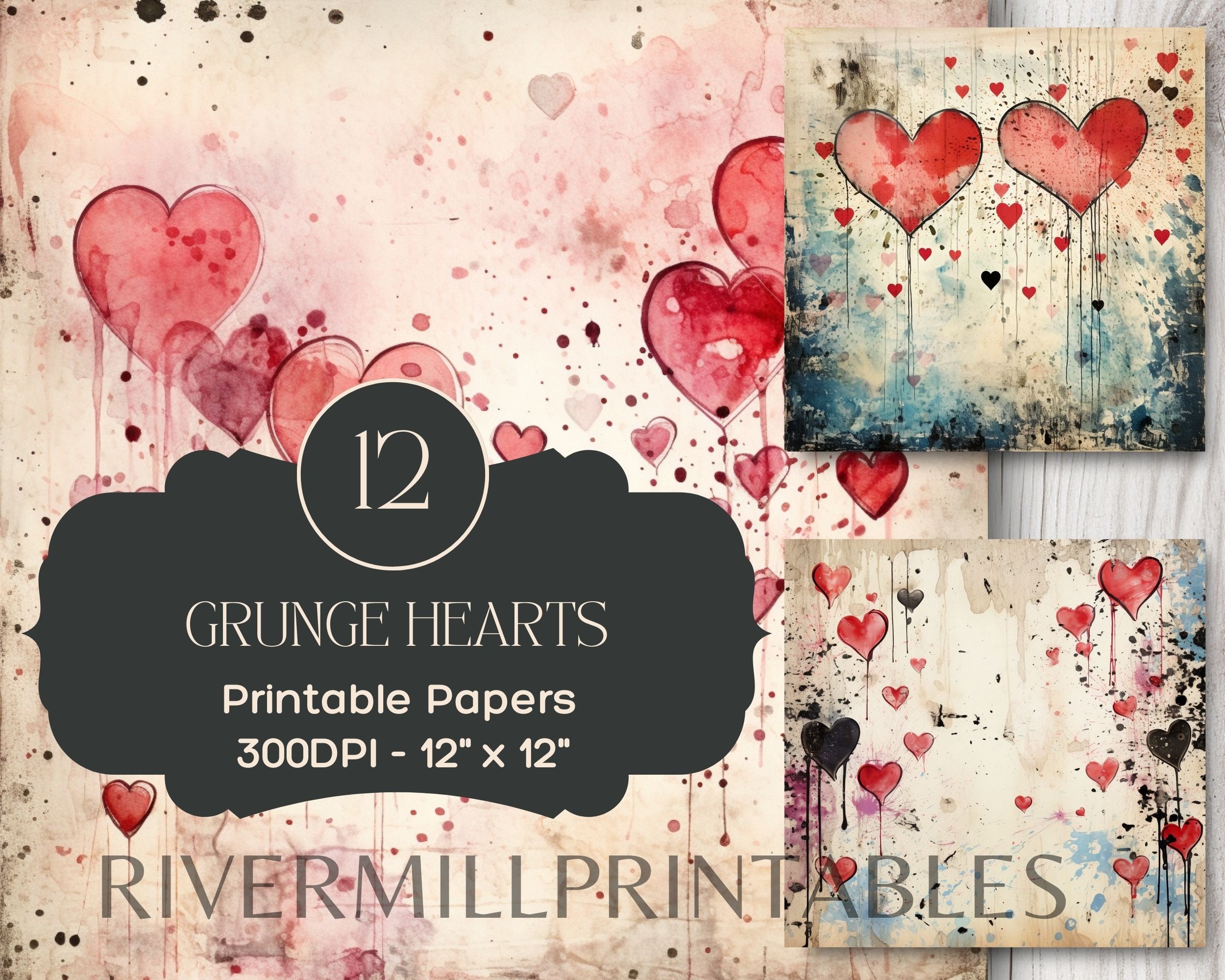 12 Grunge Distressed Hearts Printable Papers, 300DPI JPG Files Digital ...