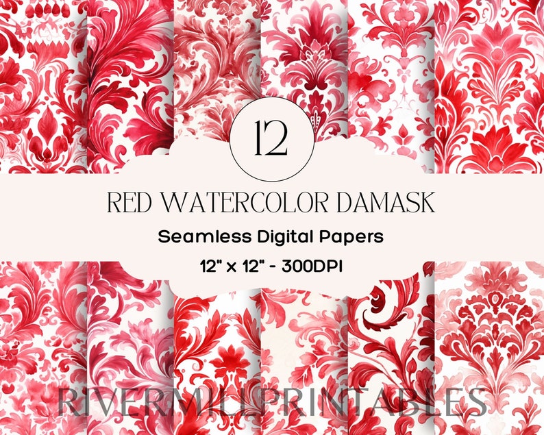 12 Seamless Red Watercolor Damask Digital Papers, 300DPI JPG Files ...