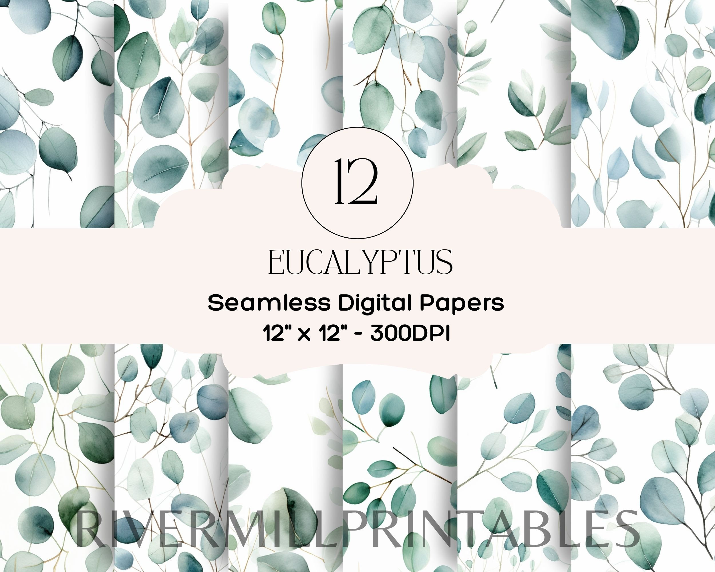 12 Seamless Eucalyptus Leaves Digital Papers, 300DPI JPG Files Digital ...