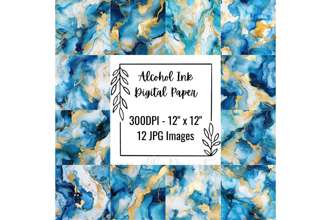 12 Seamless Blue & Gold Alcohol Ink Digital Papers, 300DPI JPG Files ...