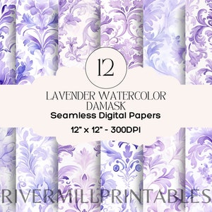 12 Seamless Lavender Watercolor Damask Digital Papers, 300DPI JPG Files ...