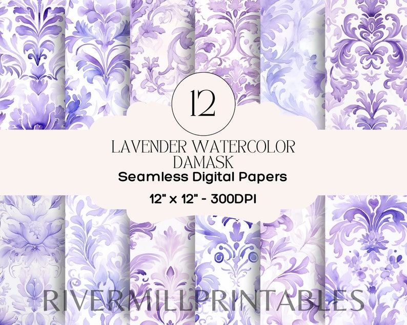 12 Seamless Lavender Watercolor Damask Digital Papers, 300DPI JPG Files ...