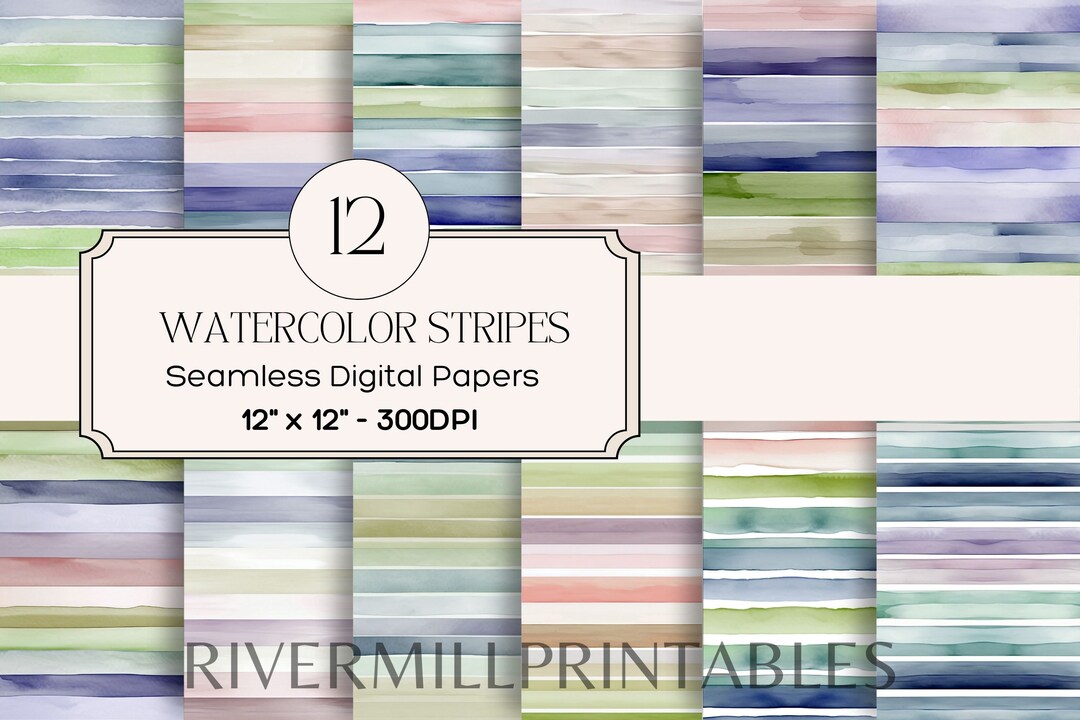 12 Seamless Watercolor Stripes Digital Papers, 300DPI JPG Files Digital ...
