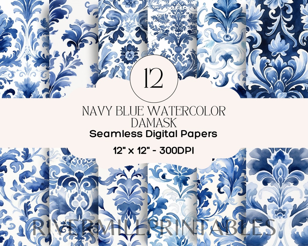 12 Seamless Navy Blue Watercolor Damask Digital Papers, 300DPI JPG ...