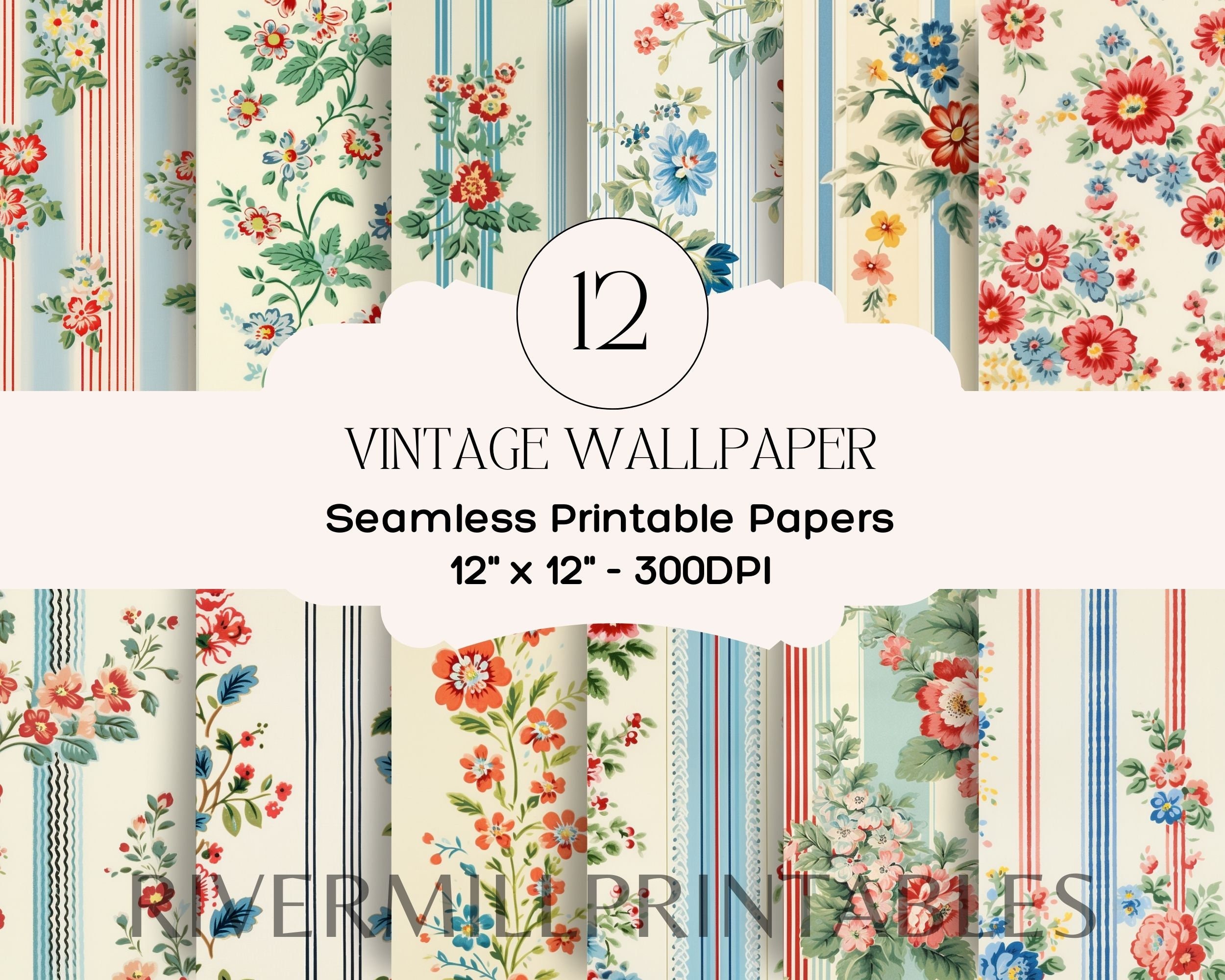 12 Seamless Vintage 1940s Floral Wallpaper Digital Papers, 300DPI JPG ...