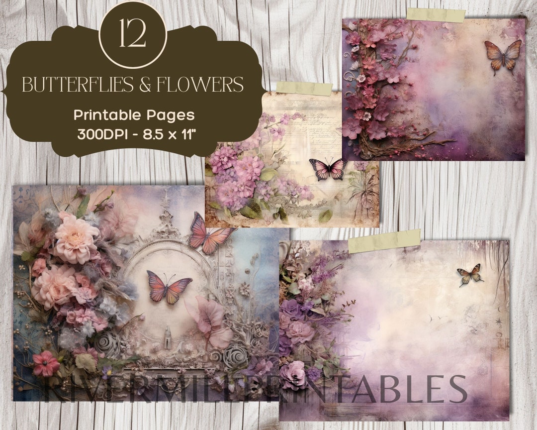 12 Butterflies Printable Pages, 300DPI JPG Files Junk Journal Digital ...