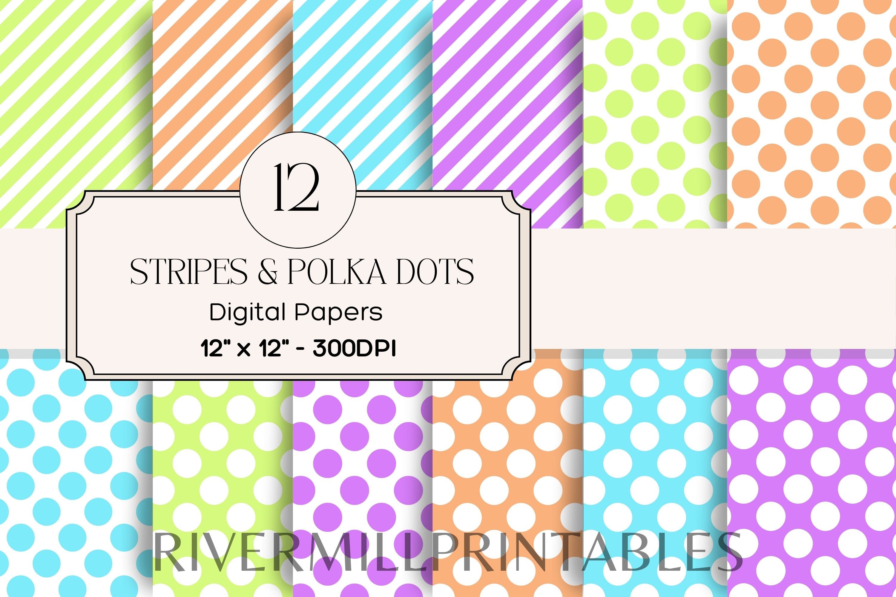 12 Stripes & Polka Dots Digital Papers, 300DPI JPG Files Digital ...