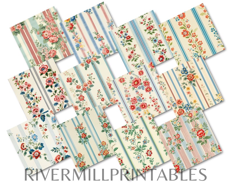 12 Seamless Vintage 1940s Floral Wallpaper Digital Papers, 300DPI JPG ...