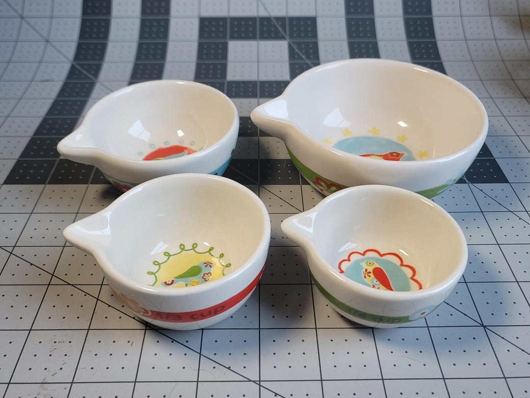Set of 4 Ceramic Stack Measuring Cups W/ Cute Birds by Ganz 1/4, 1/3, 1 ...