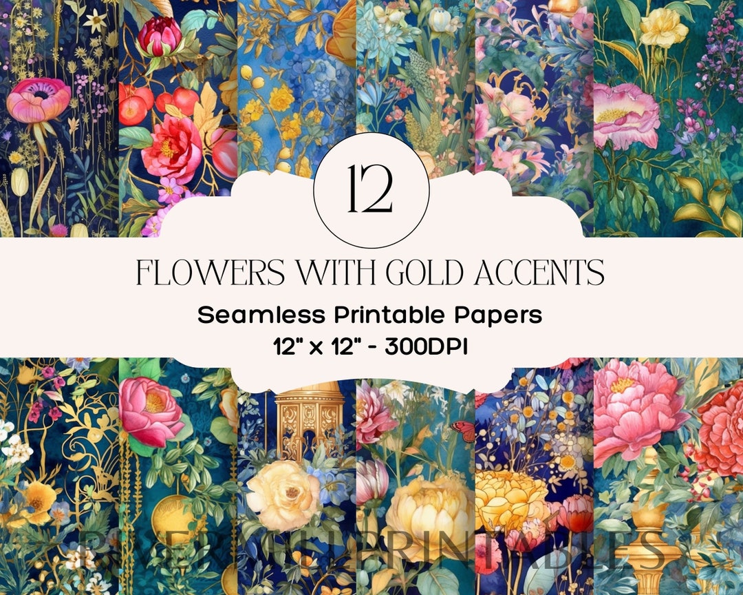 12 Seamless Flowers With Gold Accents Printable Papers, 300DPI JPG ...