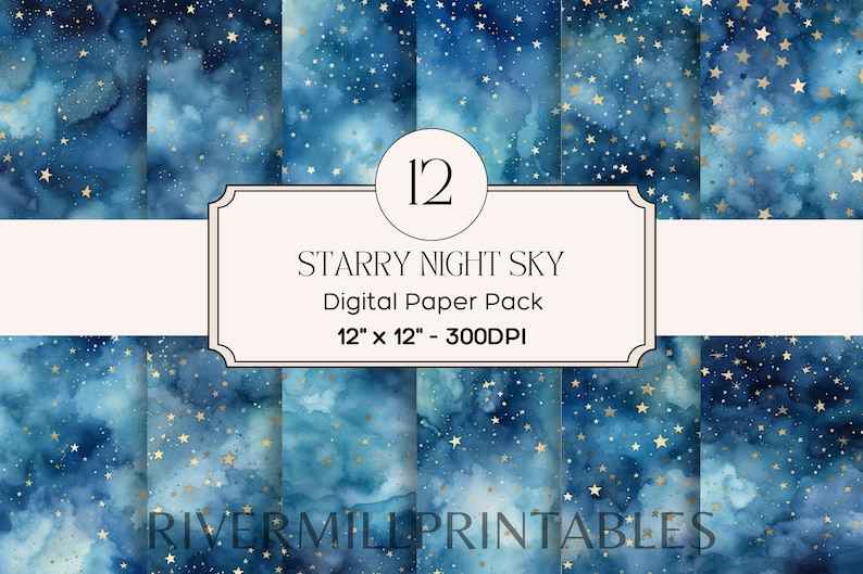 12 Watercolor Starry Night Sky Digital Papers, 300DPI JPG Files Digital ...