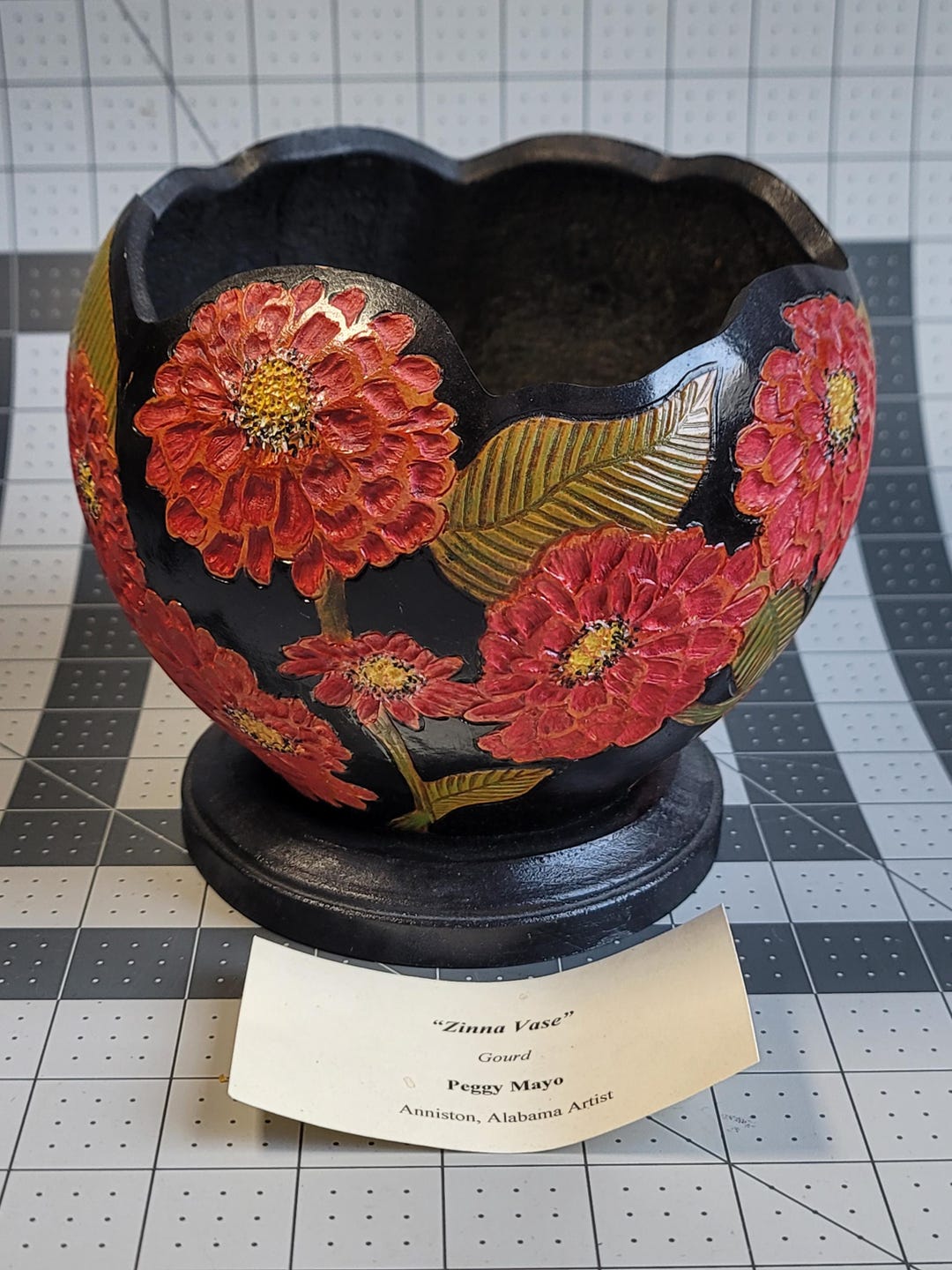 Vtg Hand Carved Hand Painted Gourd Vase Zinna Flowers Gourd Folk Art ...