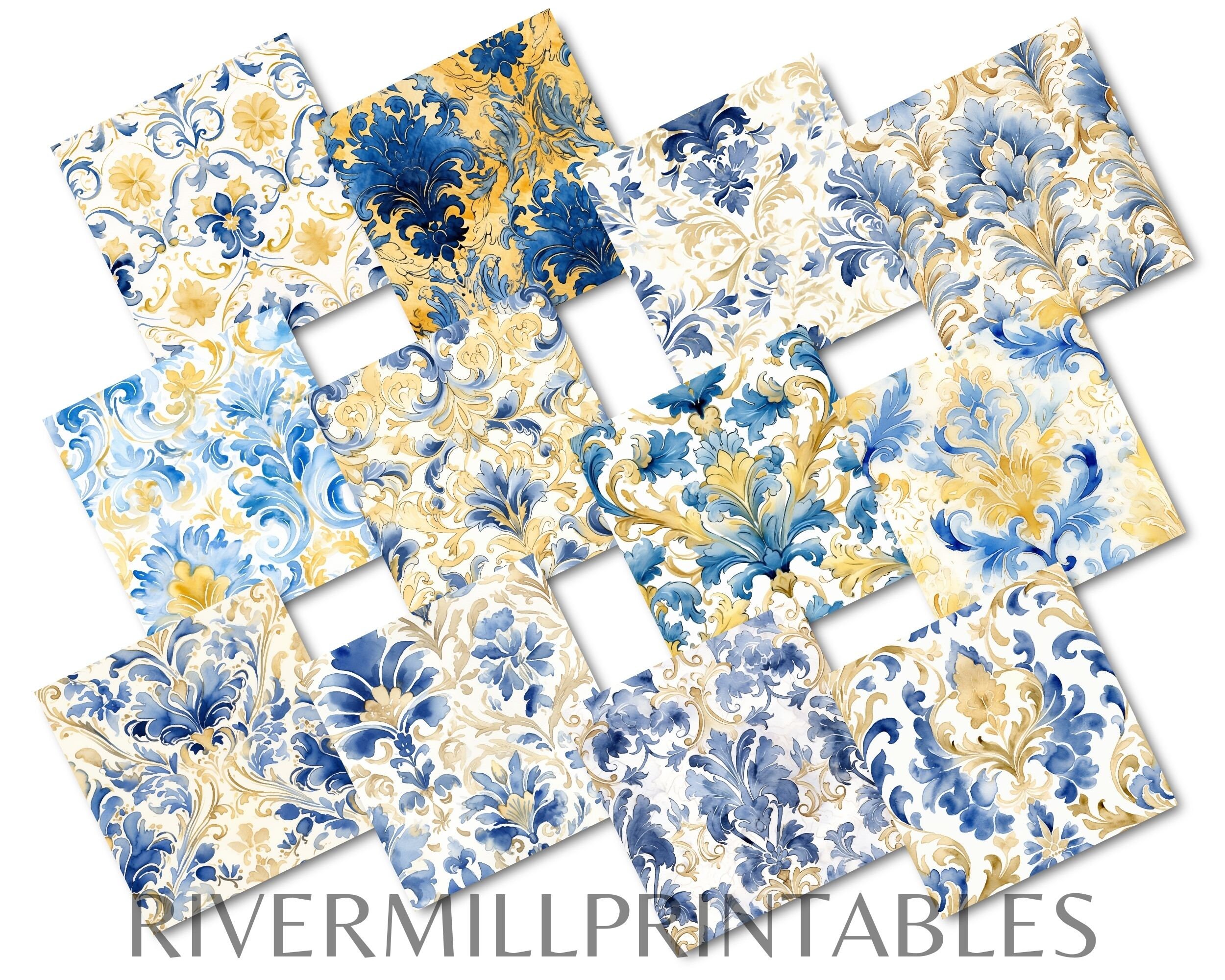 12 Seamless Blue & Gold Watercolor Damask Digital Papers, 300DPI JPG ...