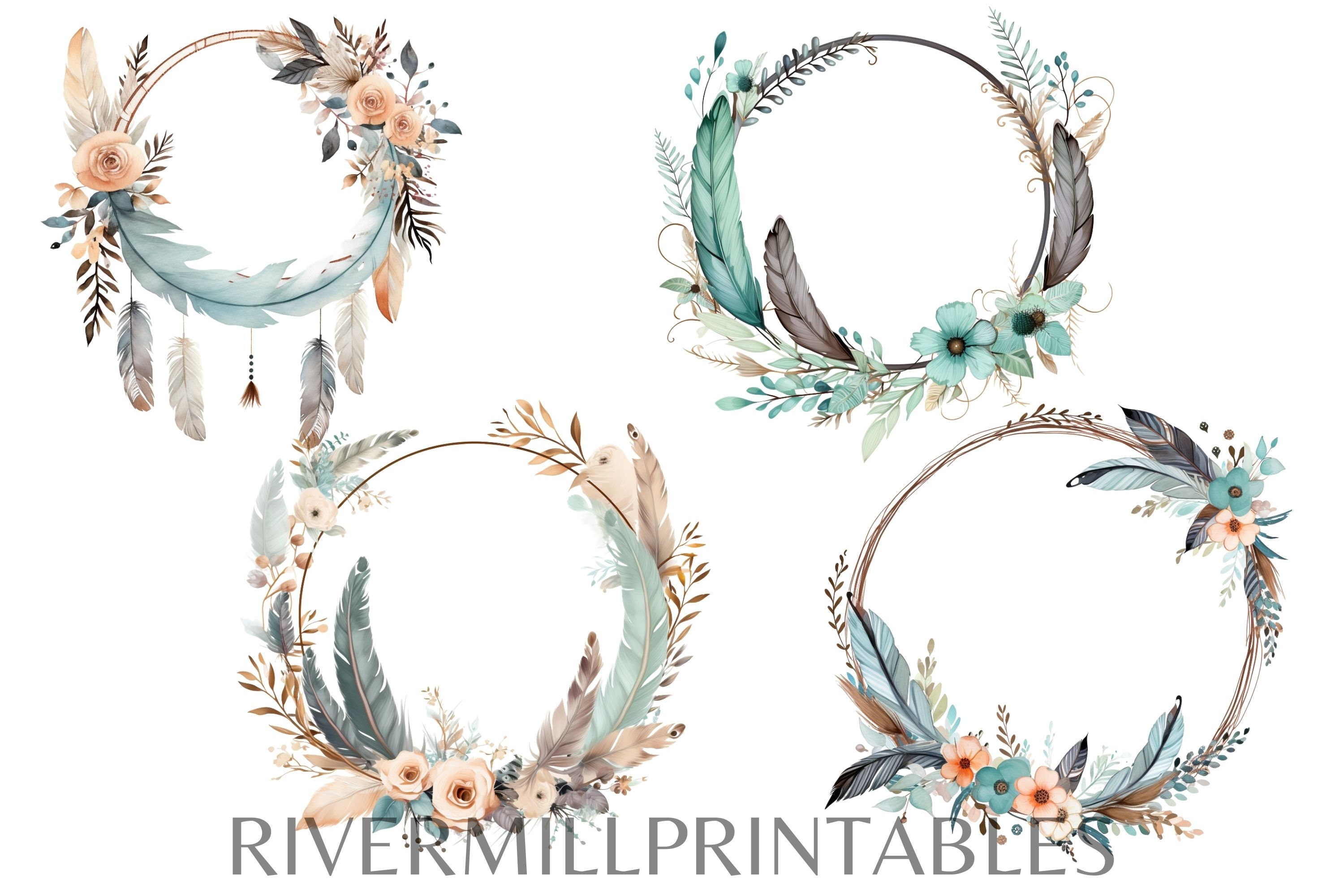 12 Boho Feather & Flower Frames Clipart Images, 300DPI PNG Files ...