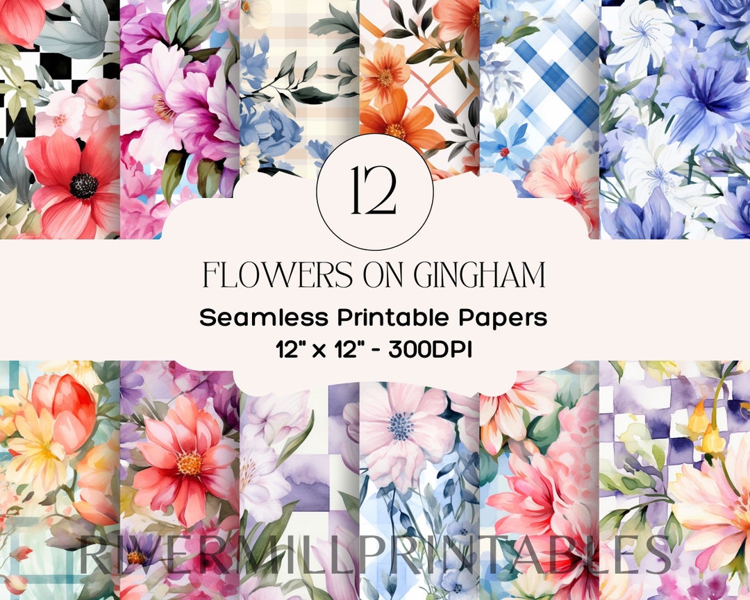 12 Seamless Flowers on Gingham Digital Papers, 300DPI JPG Files Digital ...