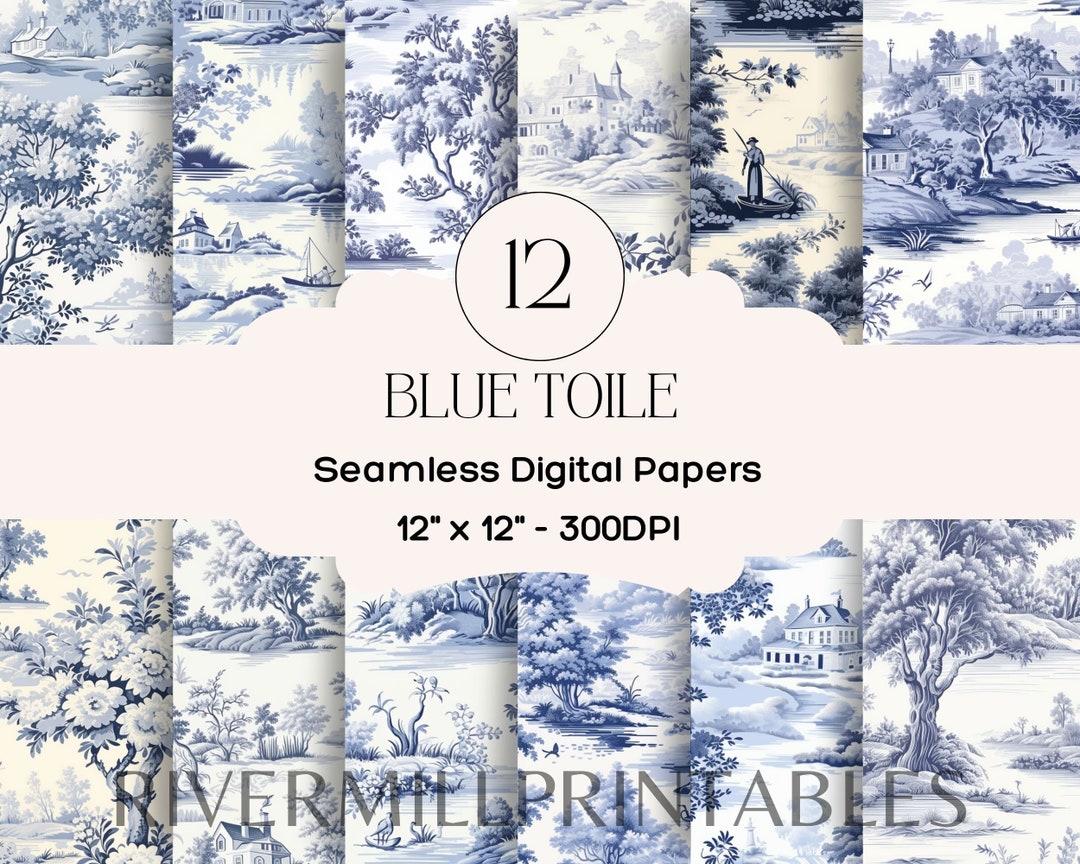 12 Seamless Blue Toile Digital Papers, 300DPI JPG Files Digital ...